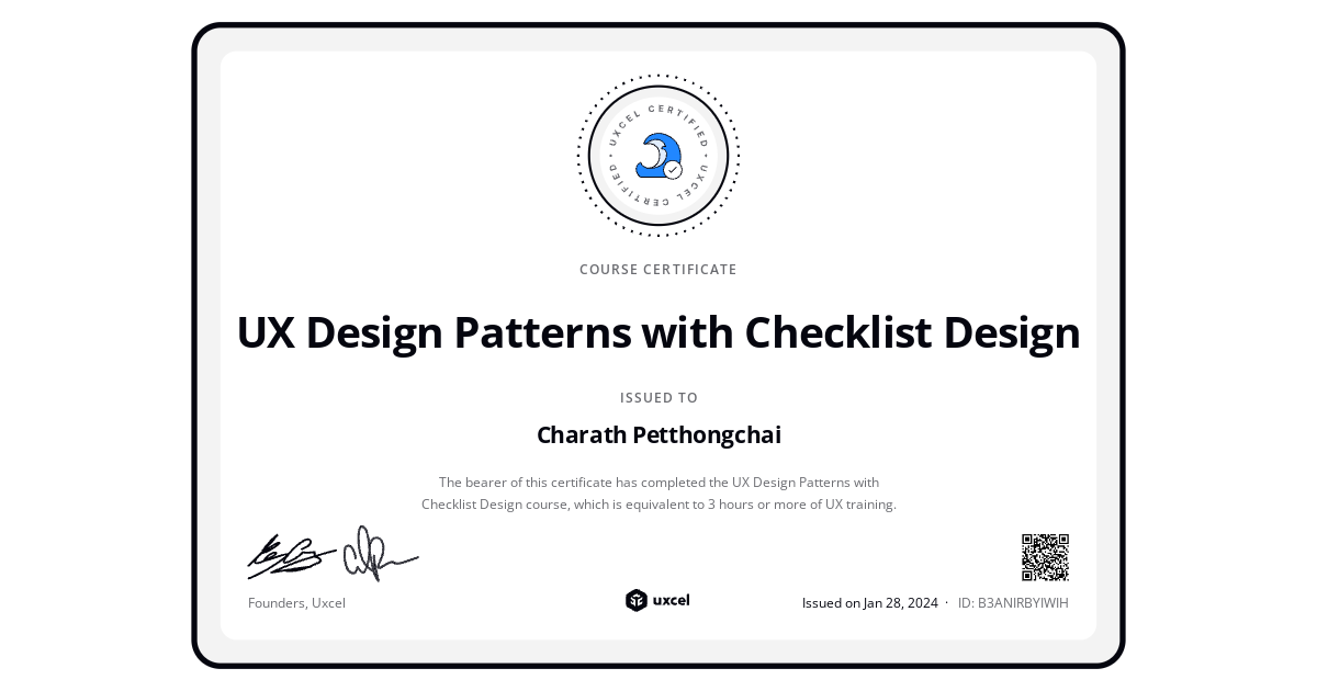Certificate of completion for UX Design Patterns with Checklist Design | Uxcel